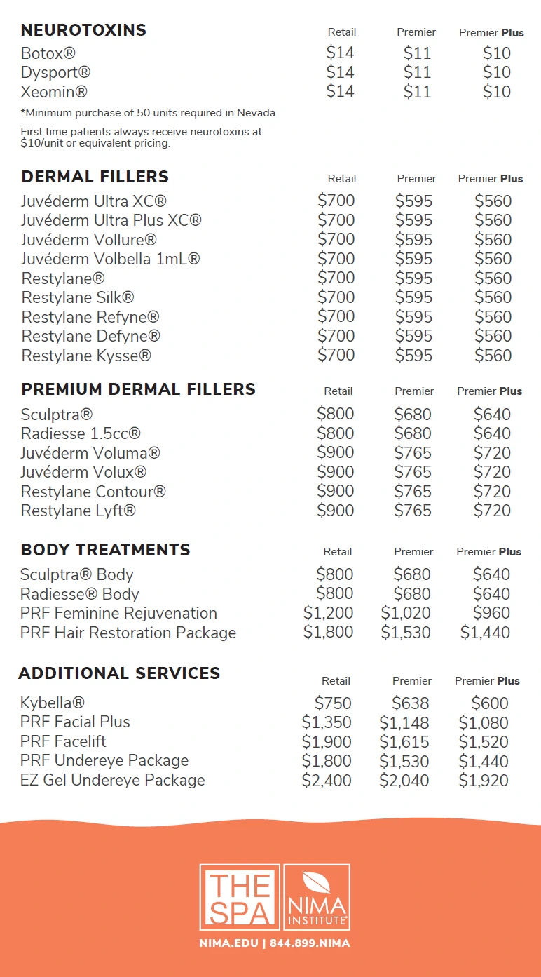 Cosmetic Injection Menu - The Spa at NIMA